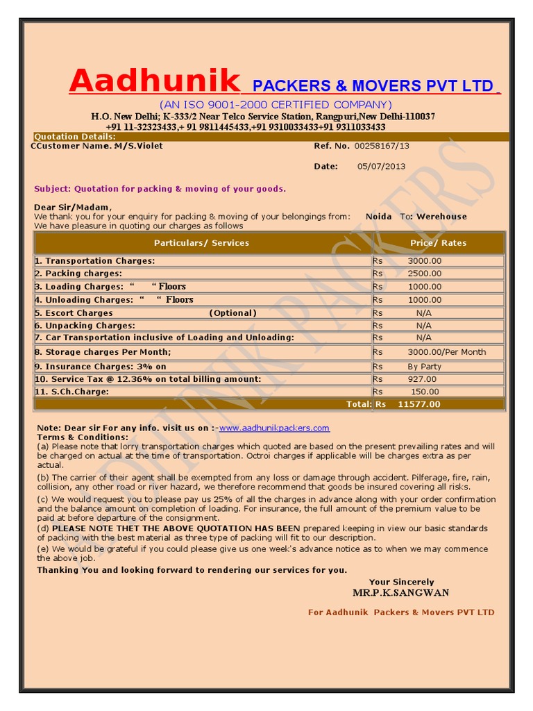 Aadhunik Packers & Movers Quotation | PDF