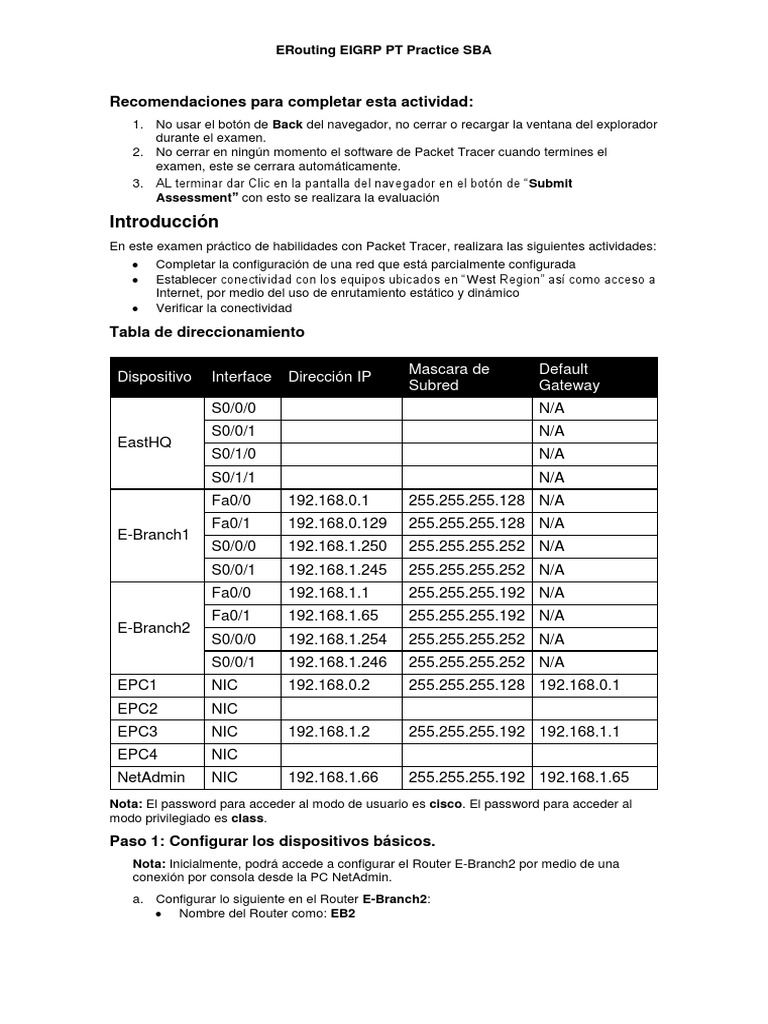 Español Erouting Eigrp Pt Practice Sba Pdf Enrutador Computación Dirección Ip