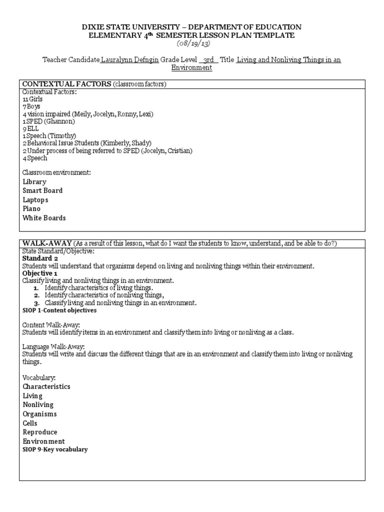 Lesson Plan: Living vs Nonliving for Grade 3 | PDF | Educational ...