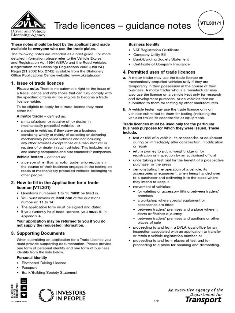 VTL301 Trade Licence Guidance Notes | PDF | Vehicles | License
