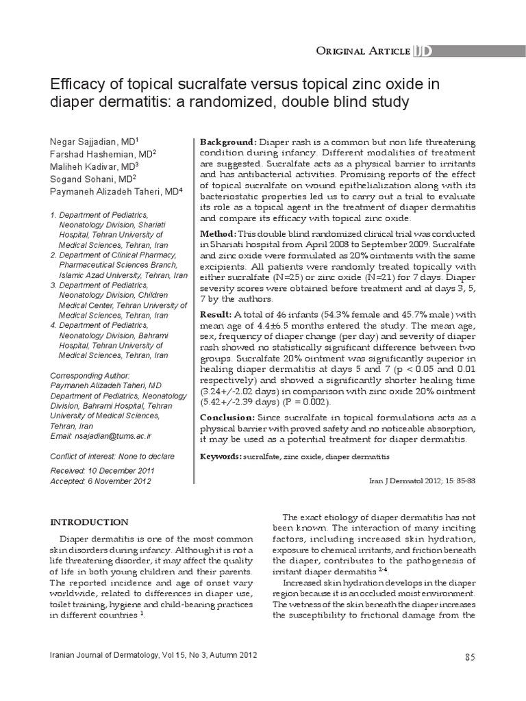 Efficacy of Topical Sucralfate Versus Topical Zinc Oxide in Diaper Dermatitis: A Randomized ...
