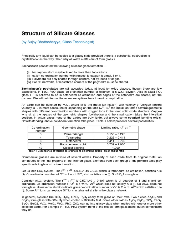 Structure of Silicate Glasses | PDF | Glasses | Silicon Dioxide