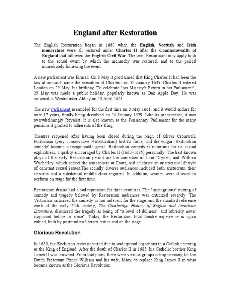 The Restoration of the English Monarchy and the Establishment of a New ...