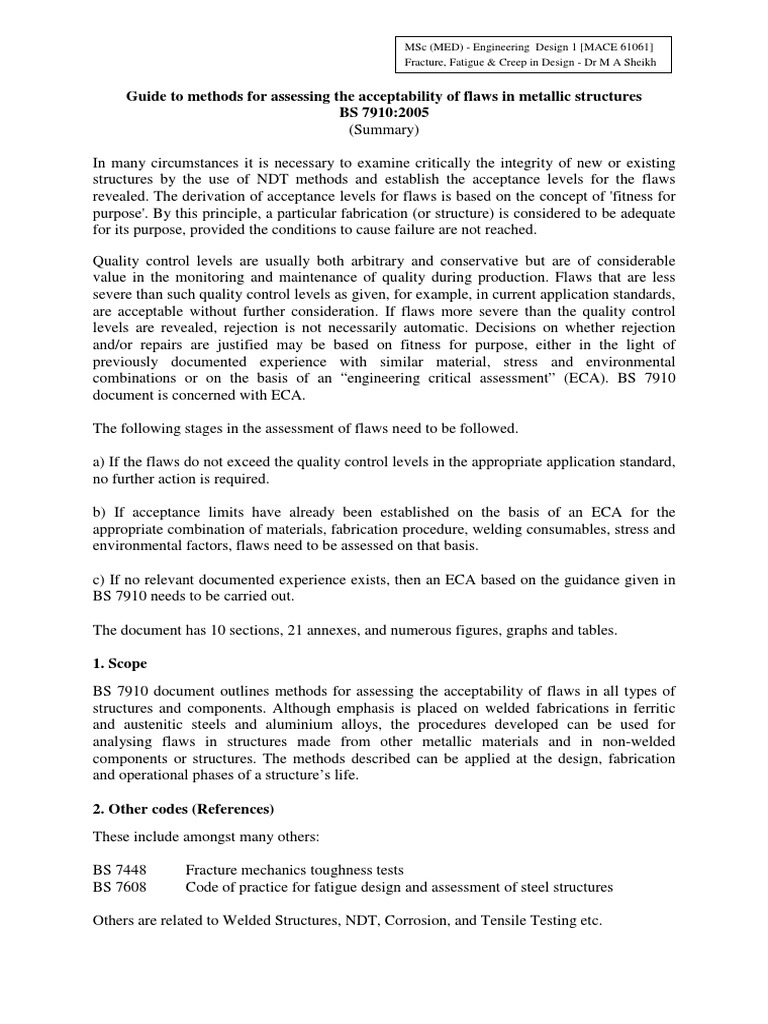 Bs 7910 Summary | PDF | Fatigue (Material) | Fracture Mechanics