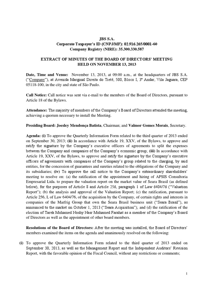 Extract of Board Meeting Minutes | PDF | Ratification | Board Of Directors