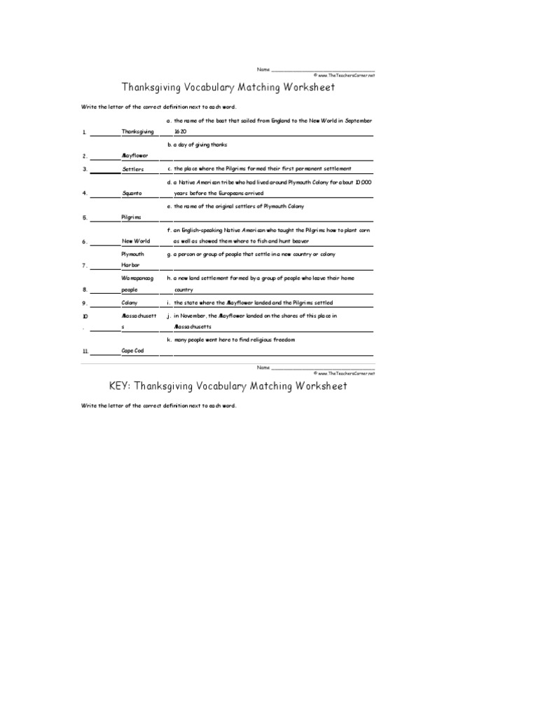 Thanksgiving Vocabulary Matching Worksheet | PDF | Plymouth Colony ...