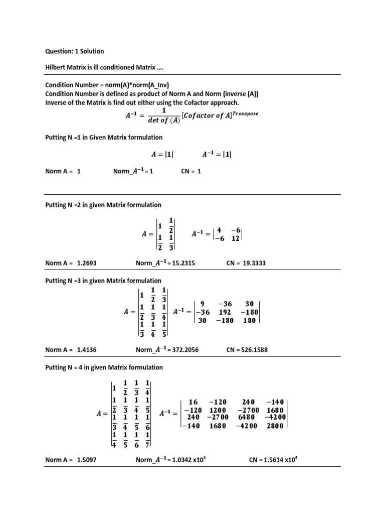 Report of Hilbert Matrix Assignement No 3 - R1 | PDF | Norm ...