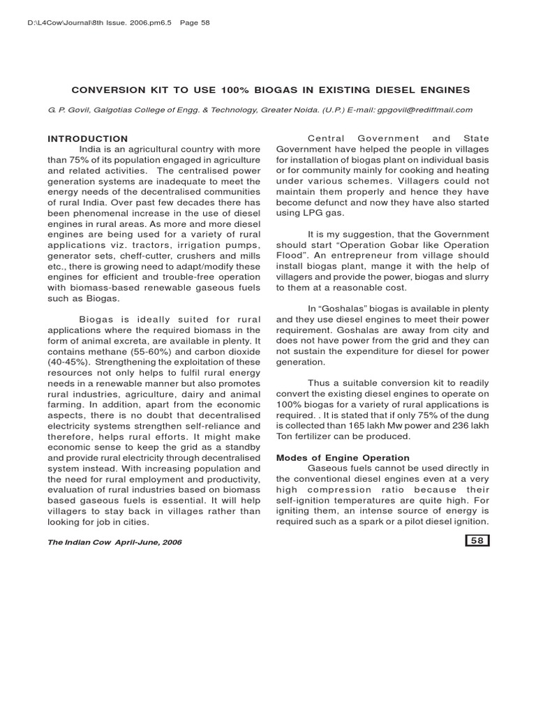 Conversion Kit To Use 100% Biogas in Existing Diesel Engines | PDF ...