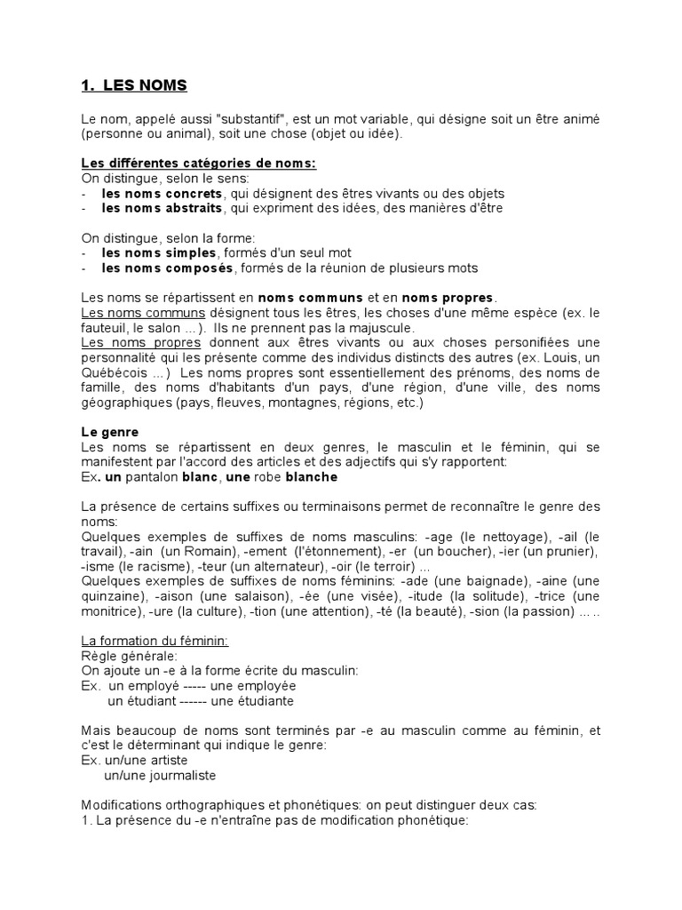 Comprendre les Noms en Français | PDF | Genre grammatical | Nom (grammaire)