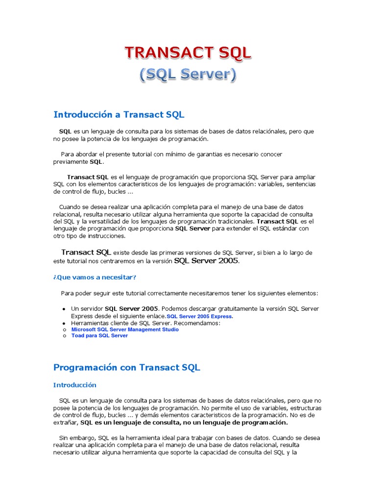 Manual Transact Sql Sql Server By Oscar Patty Pdf Pdf Sql Tabla Base De Datos 
