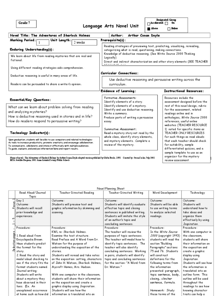 Language Arts Novel Unit: Designated Group Accelerated On Above Below ...