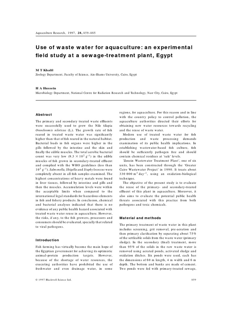 Use of Waste Water For Aquaculture - An Experimental Field Study at A ...