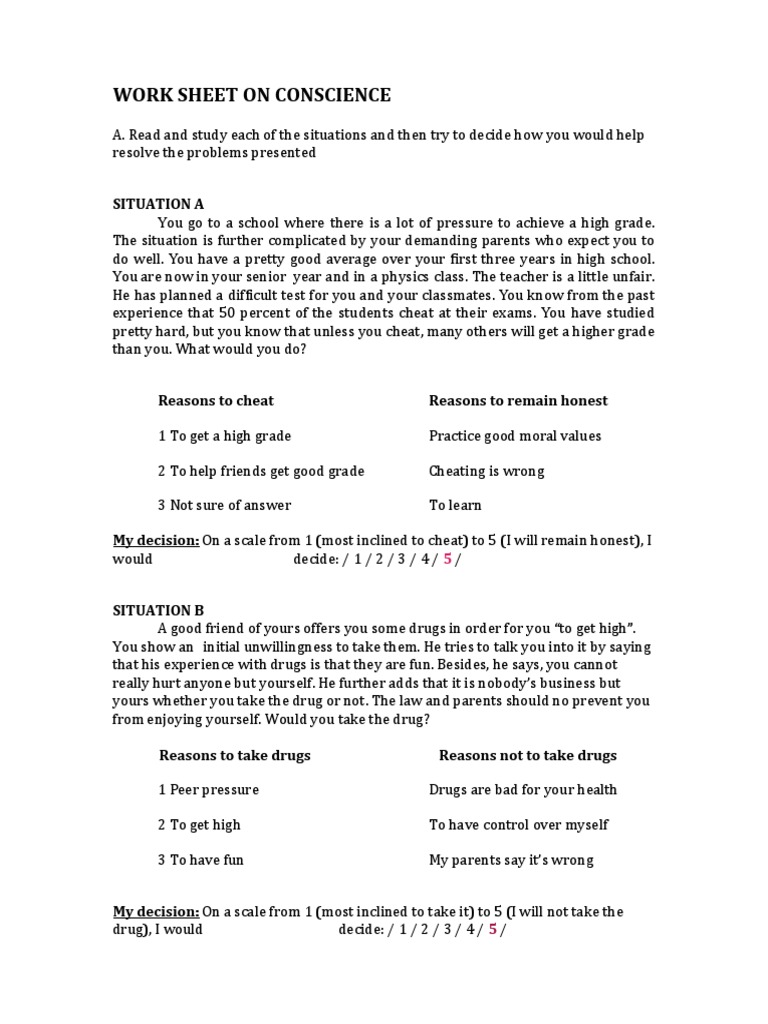 Worksheet on Conscience | Social Institutions | Society