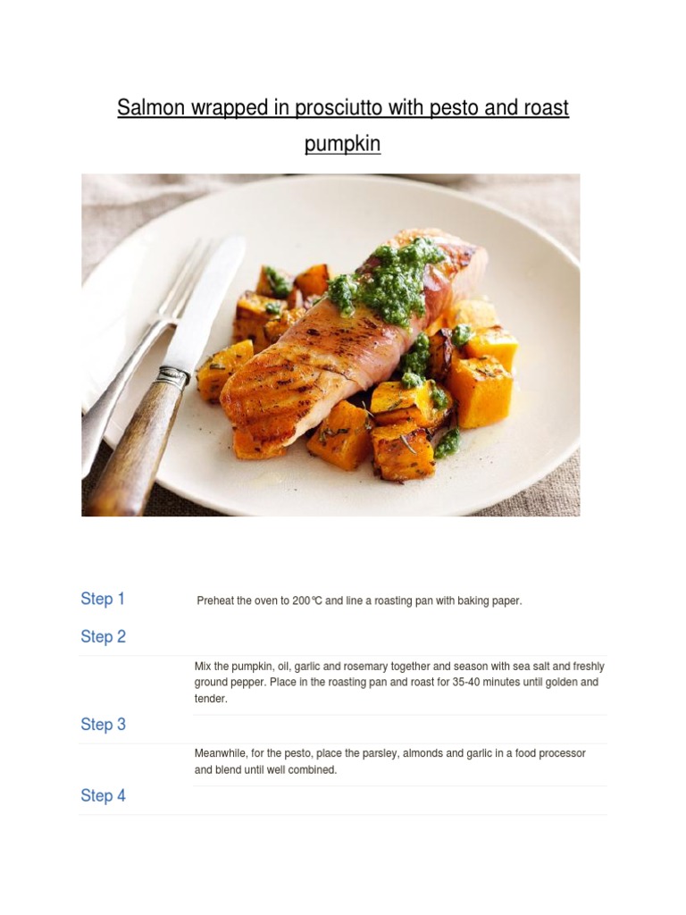 Salmon Wrapped in Prosciutto With Pesto and Roast Pumpkin | PDF | Art
