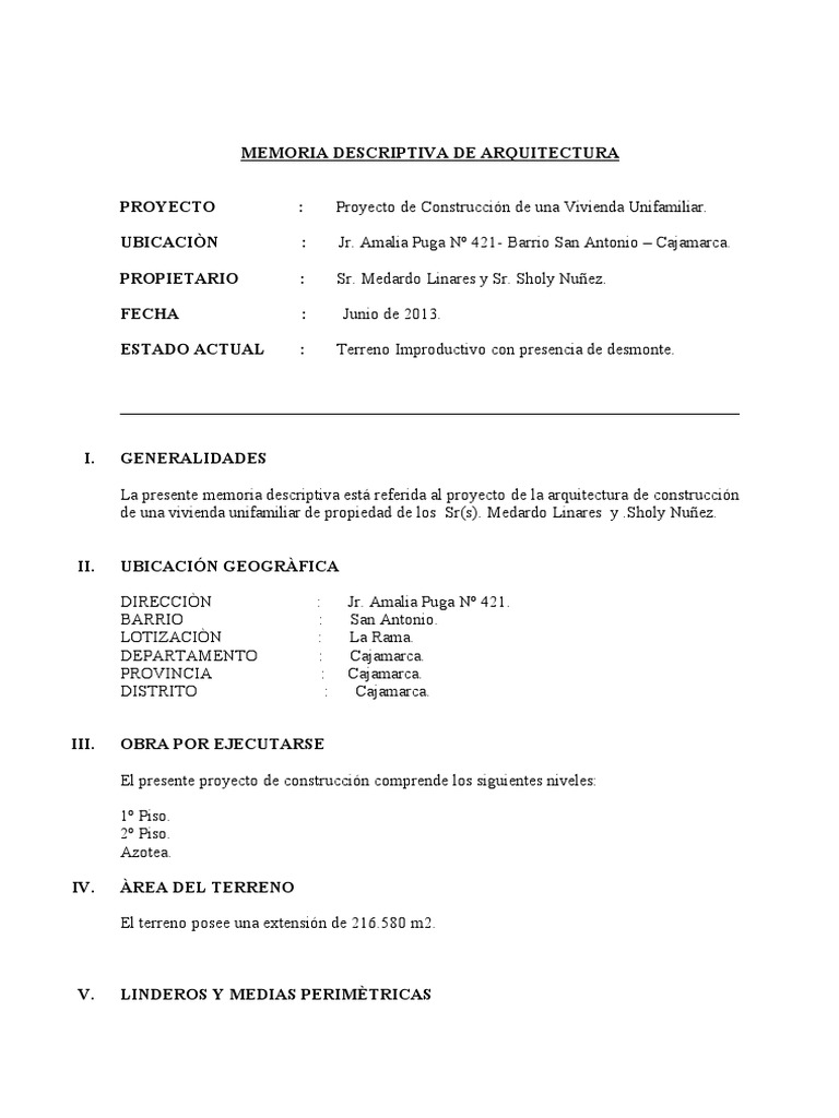 Memoria Descriptiva de Vivienda Unifamiliar | PDF | Materiales de ...