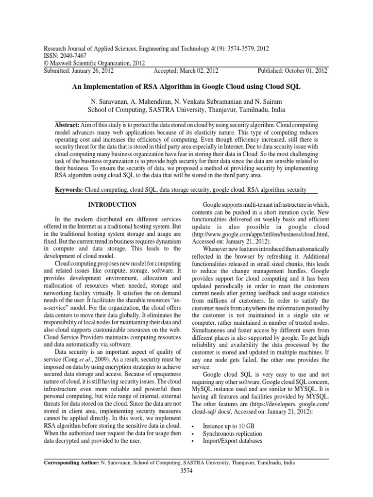 An Implementation of RSA Algorithm in Google Cloud Using Cloud SQL ...