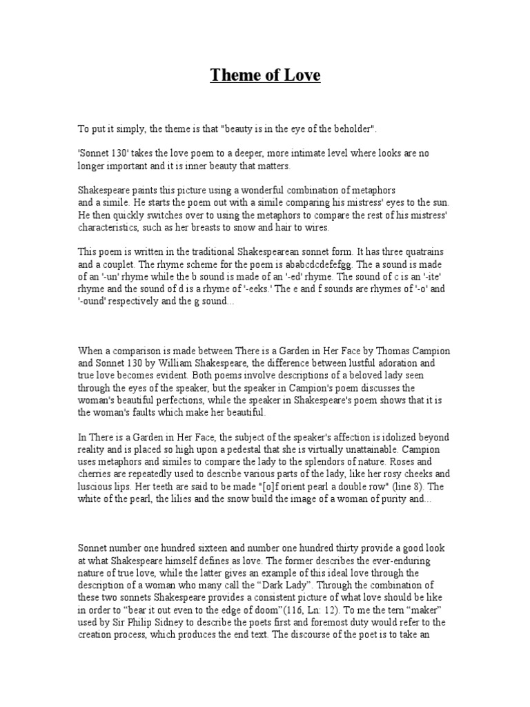 Sonnet 130 Theme of Love | PDF | Shakespeare's Sonnets | Sonnets