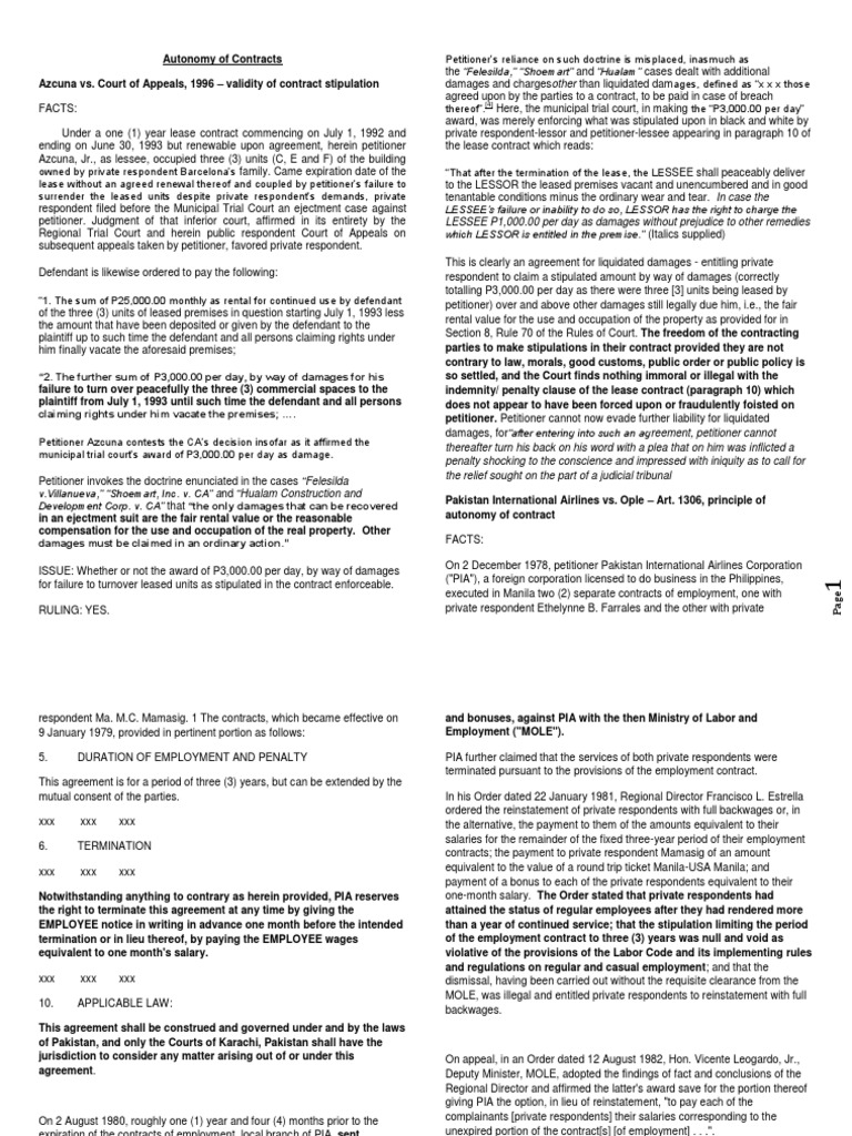 Autonomy of Contracts To Relativity of Contracts Digest | PDF | Lease ...