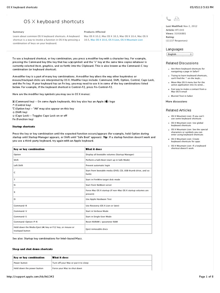 OS X Keyboard Shortcuts | PDF | Computer Keyboard | Keyboard Shortcut