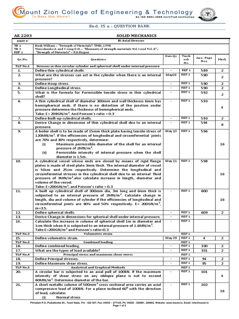 Solid Mechanics Question Bank | PDF | Stress (Mechanics) | Volume
