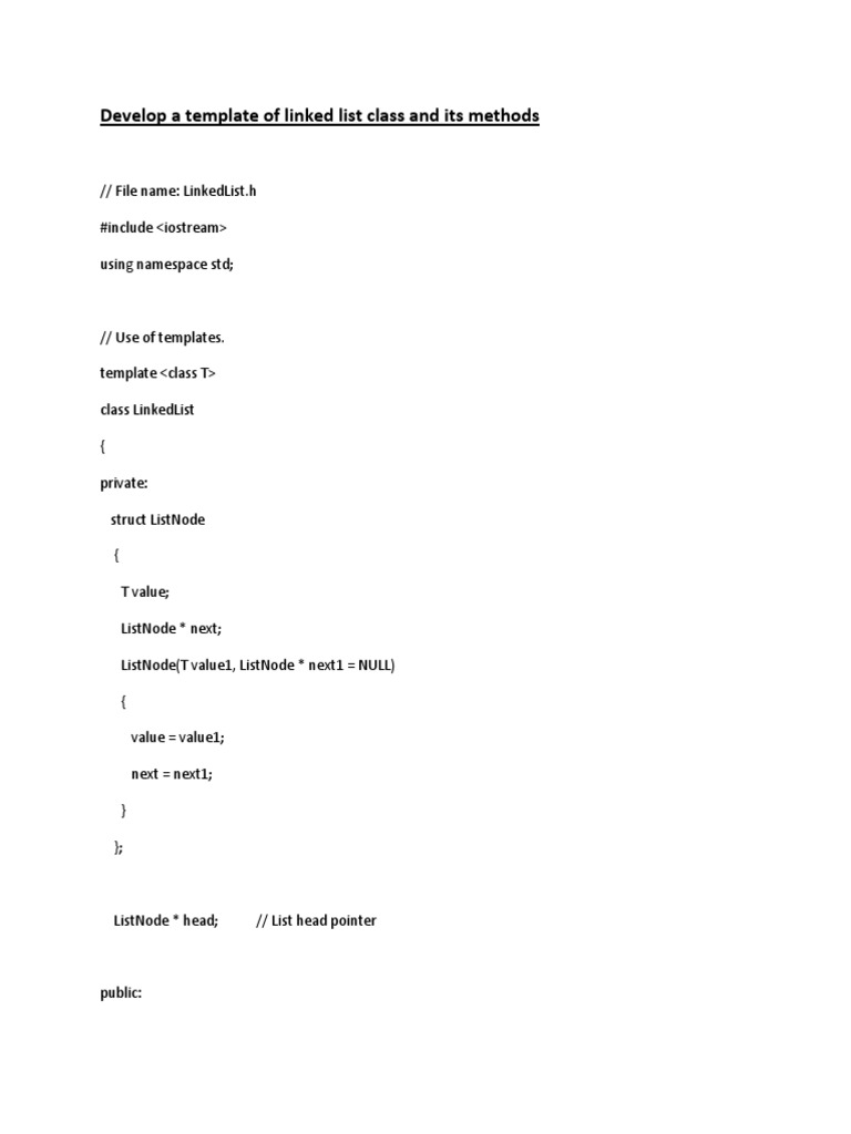Develop A Template of Linked List Class and Its Methods | Download Free PDF | Software ...