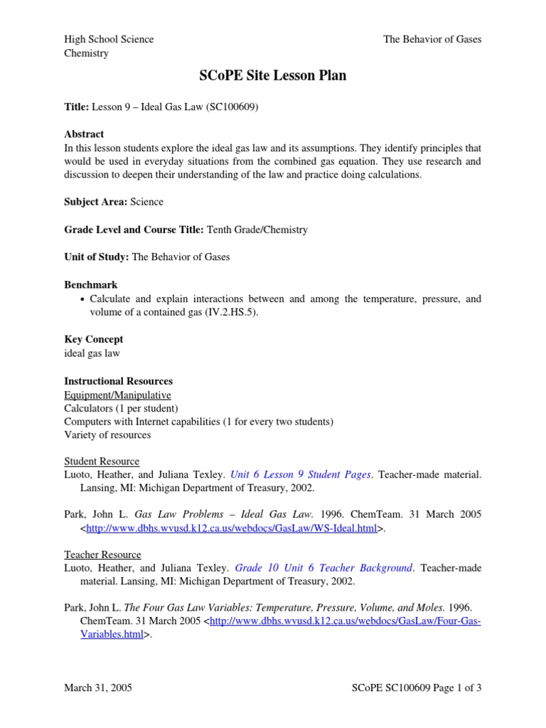 Scope Site Lesson Plan: Title: Lesson 9 - Ideal Gas Law (Sc100609 ...