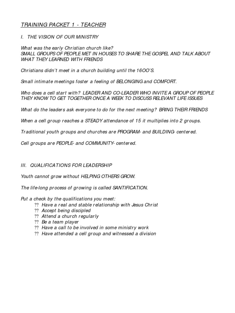 Training Packet 1 - Teacher: I. The Vision of Our Ministry | PDF ...