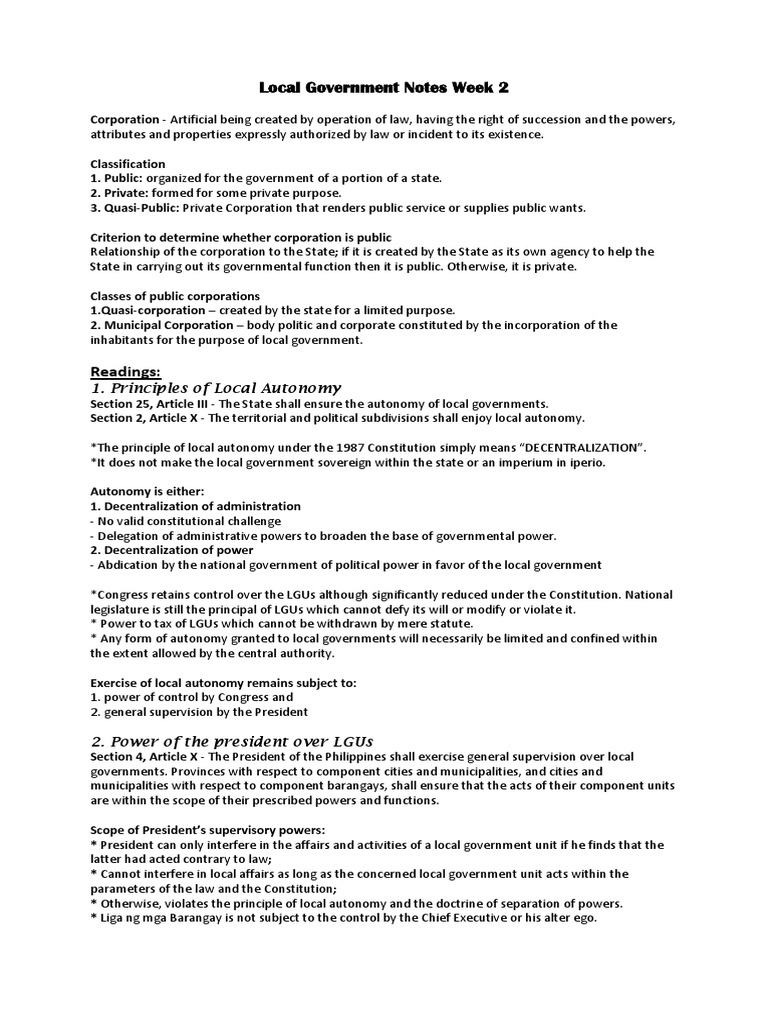 Local Government Notes Week 2 | PDF | Local Government | Corporations