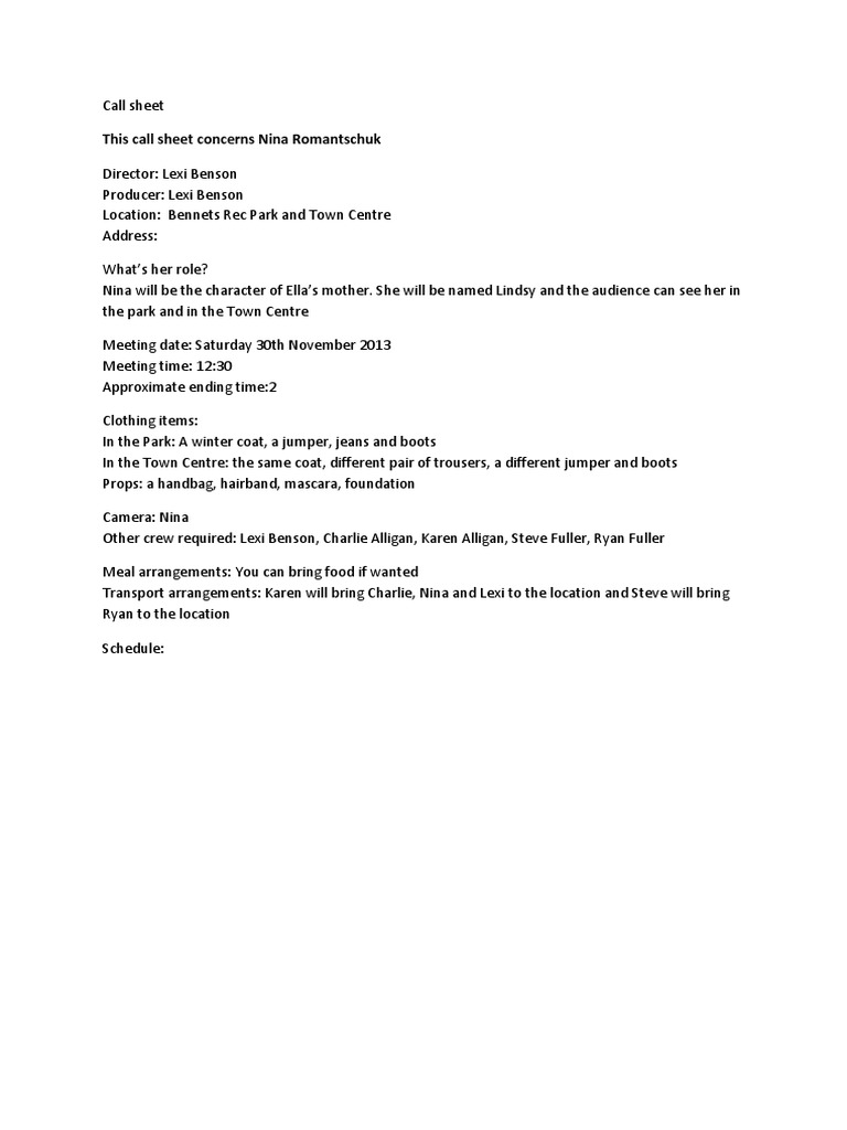 Film Crew Call Sheet Details | PDF | Art