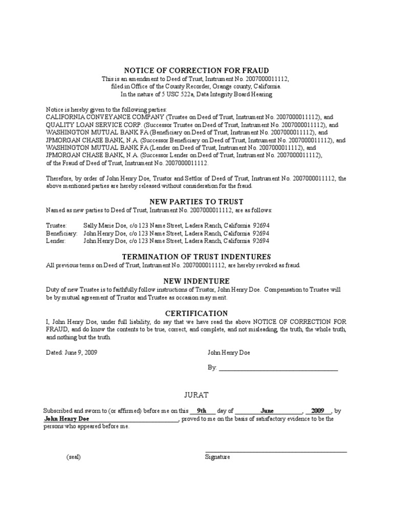 Notice of Correction for Fraud