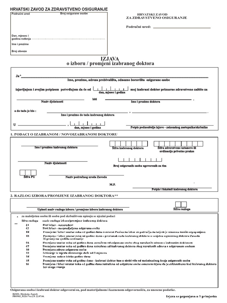 3287 - Prilog - Izjava o Izboru-Promjeni Izabranog Doktora | PDF