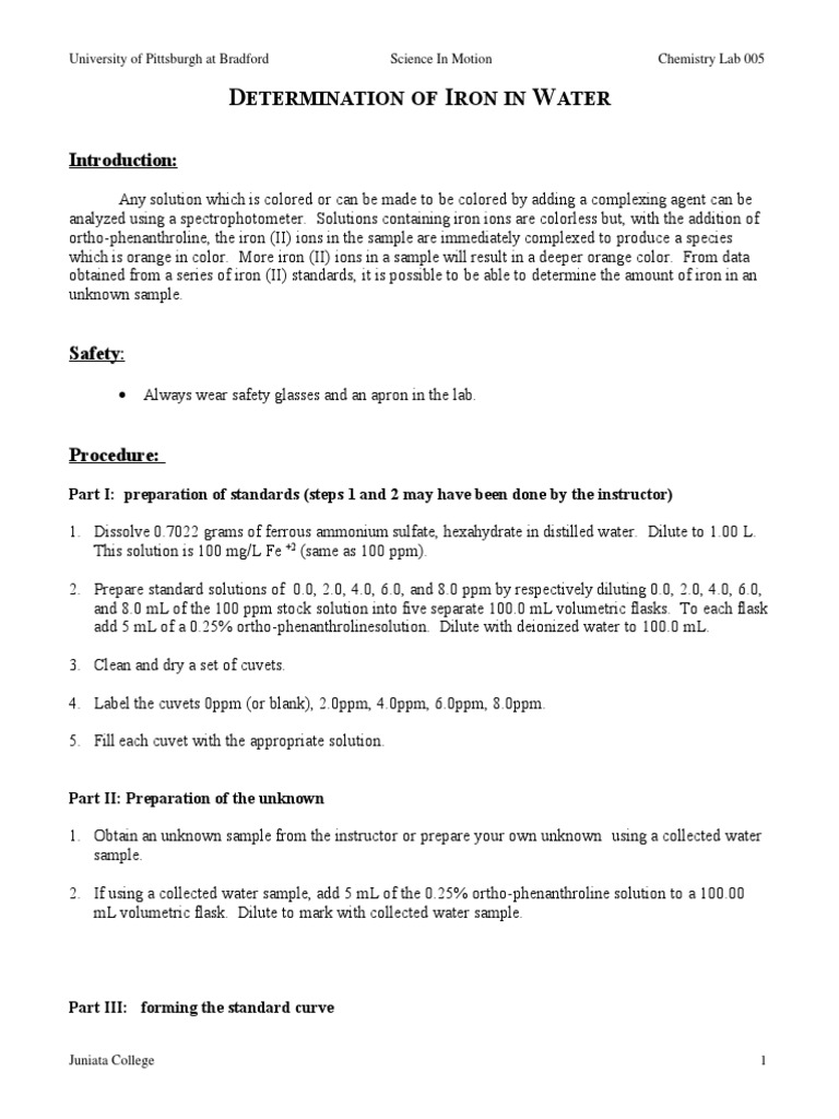 Chem005 - Spectrophotometry - Determination of Iron in Water | PDF ...