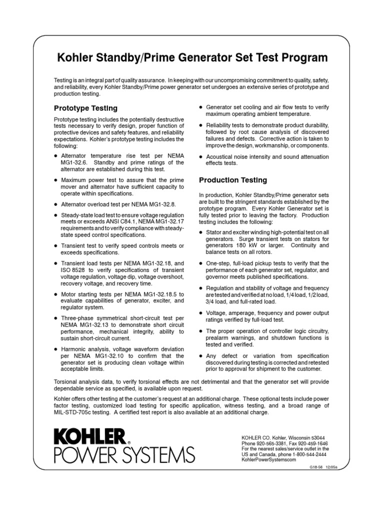 Kohler generator set testing program | PDF | Reliability Engineering ...