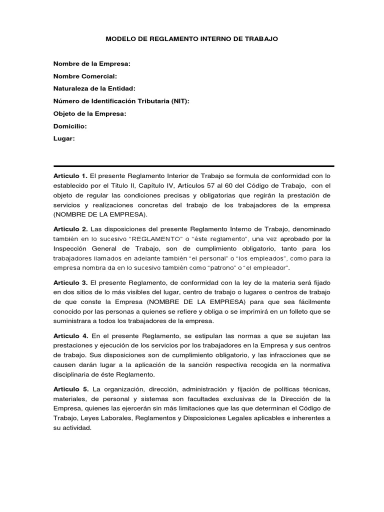 Modelo de Reglamento Interno de Trabajo | Primeros auxilios | Derecho ...