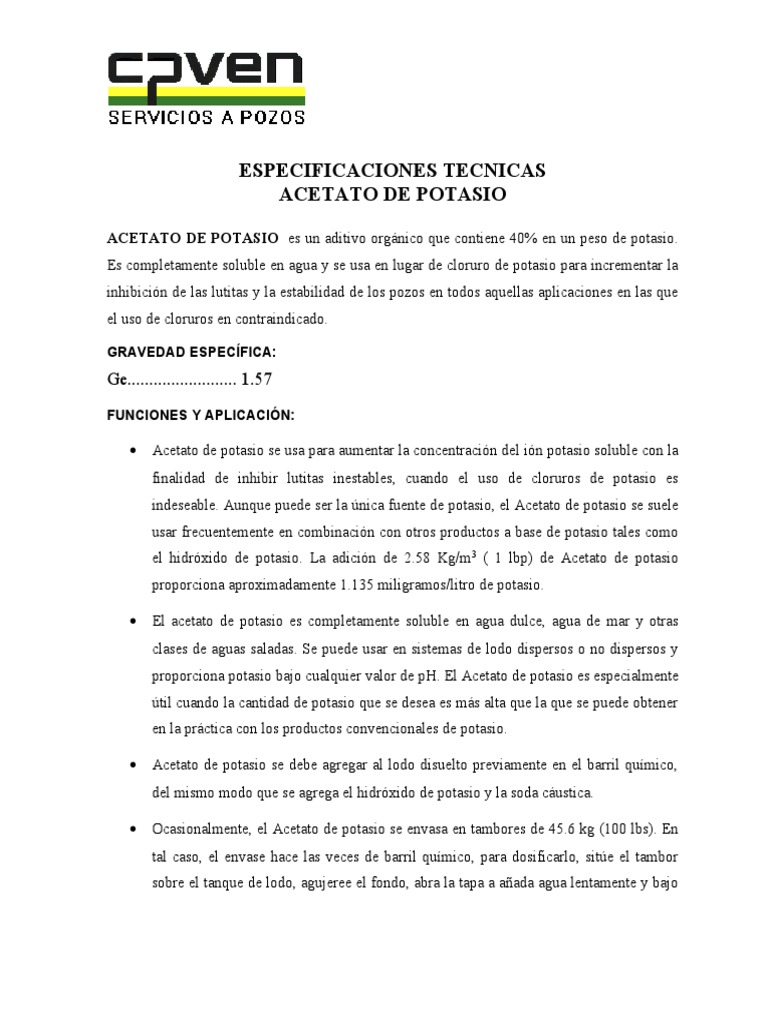 Acetato de Potasio | PDF | Potasio | Dieta y nutrición