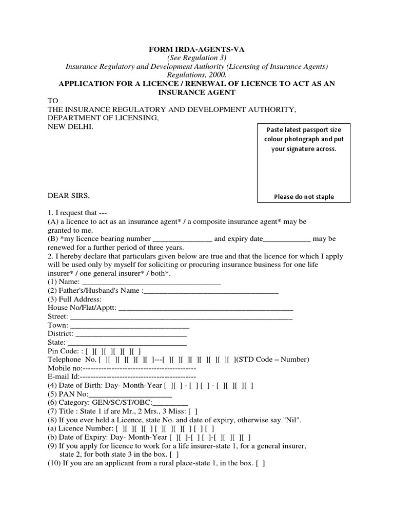 Form Irda Va Re | PDF | Insurance Broker | Test (Assessment)