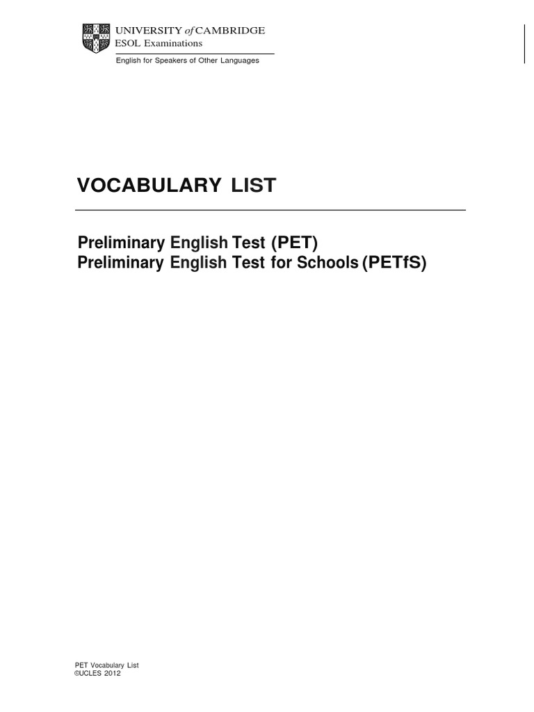 PET Vocabulary List | PDF