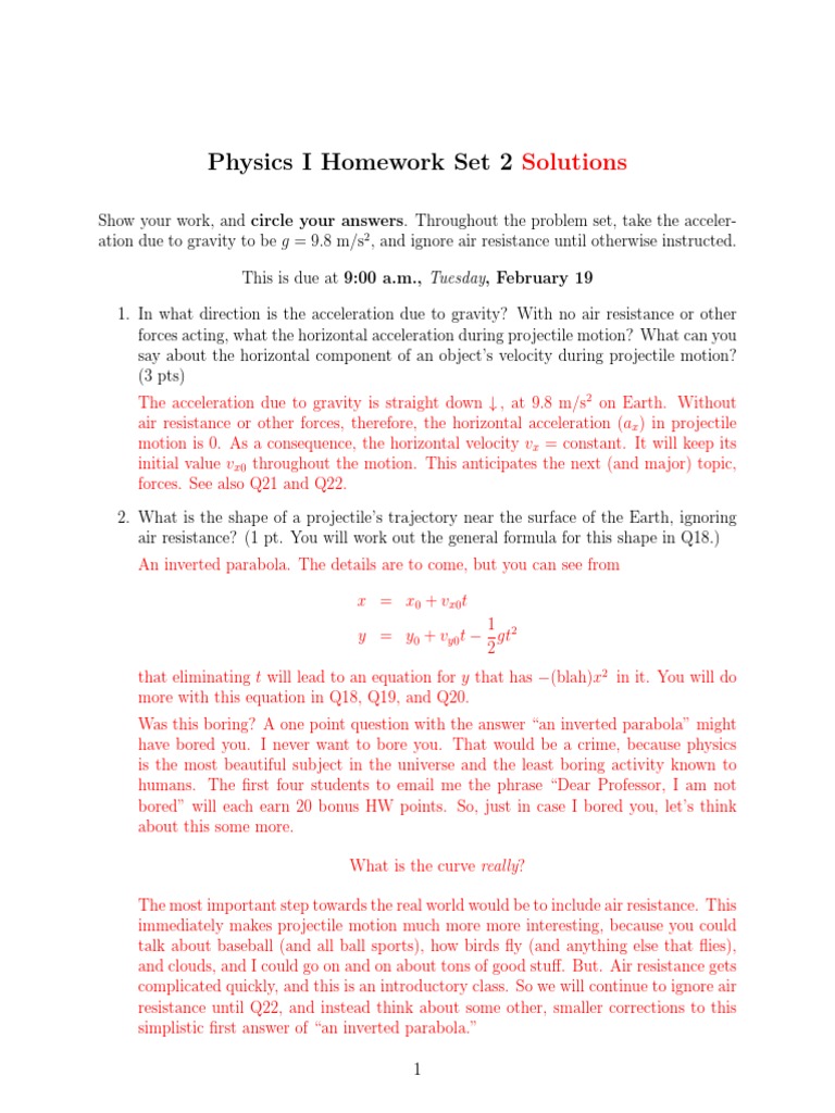 Physics I Spring 2013 Homework 2 Projectile Motion Solutions | PDF ...