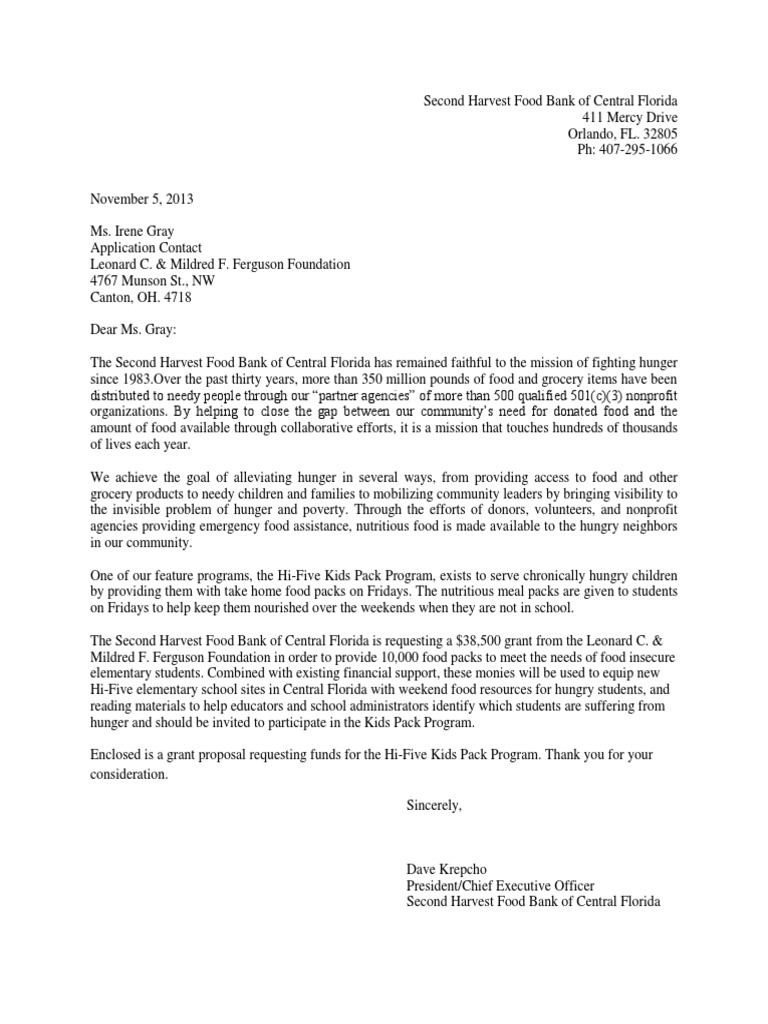 Grant Proposal for Second Harvest Food Bank of Central Florida | Hunger ...