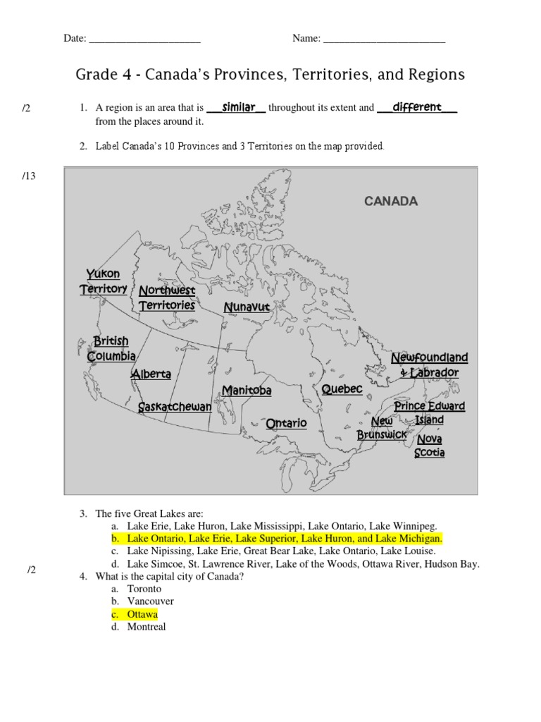 Grade 4 Social Studies Test - Answer Key | PDF | Provinces And ...