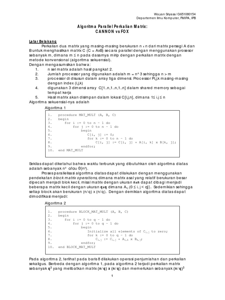 Algoritma Parallel Perkalian Matrix: CANNON Vs FOX | PDF