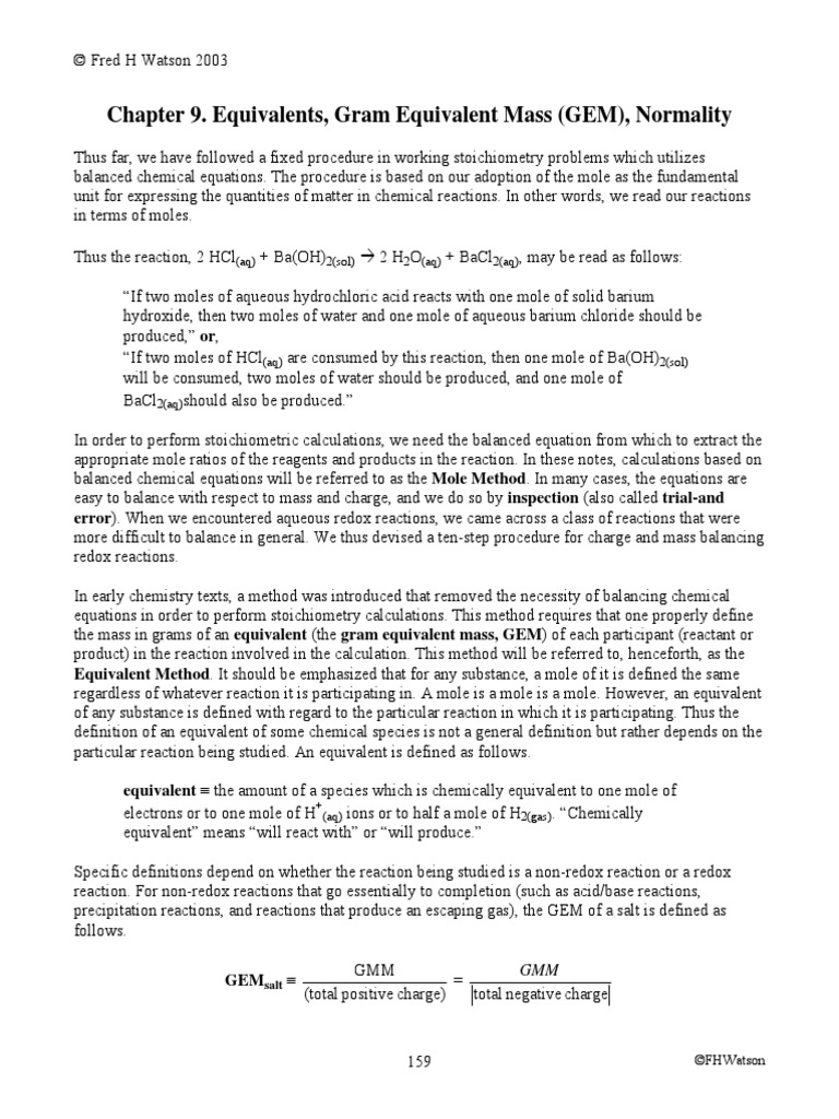 Chapter9 - Equivalents, Gram Equivalent Mass, Normality | PDF | Acid ...