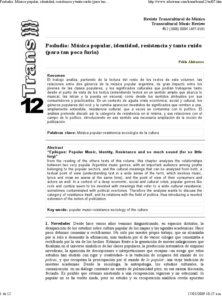 Alabarces, Pablo, 2008 - Música Popular, Identidad y Resistencia | PDF ...