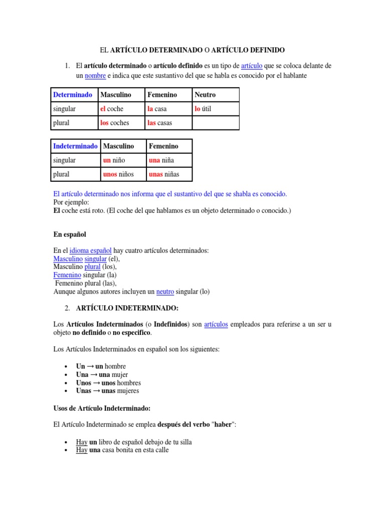 El Artículo Determinado o Artículo Definido | Descargar gratis PDF | Sustantivo | Plural