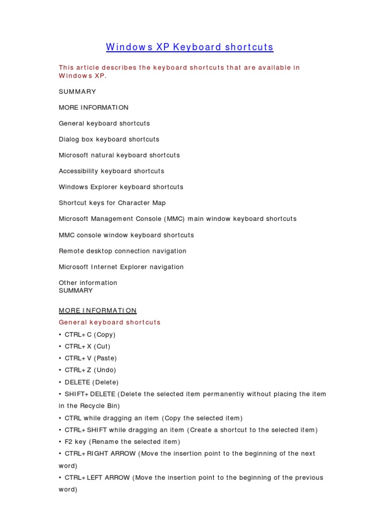 Windows XP Keyboard Shortcuts | PDF | Computer Keyboard | Menu (Computing)
