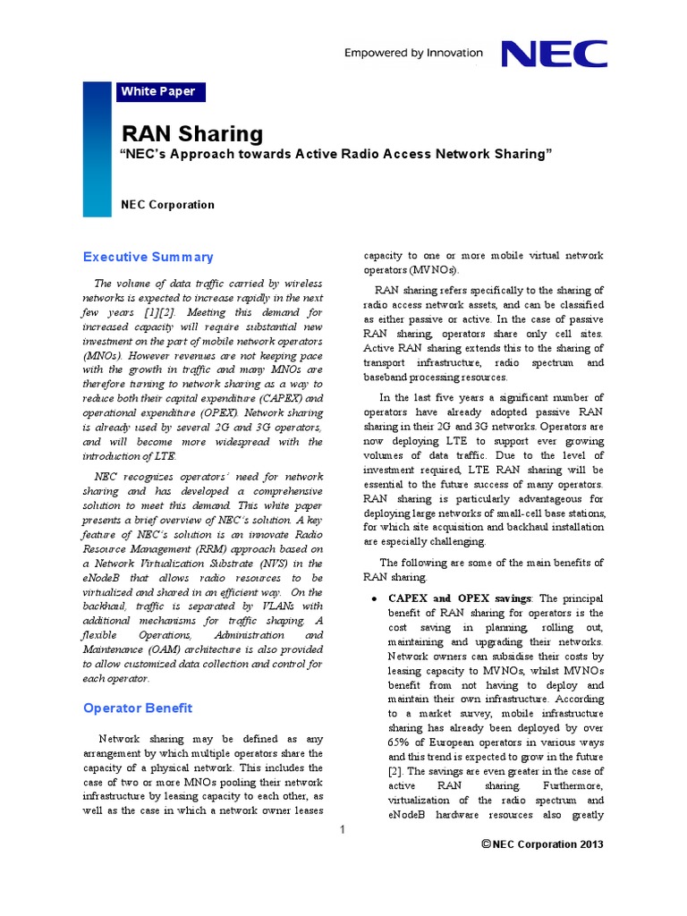 NEC RAN Sharing | PDF | Scheduling (Computing) | Computer Network