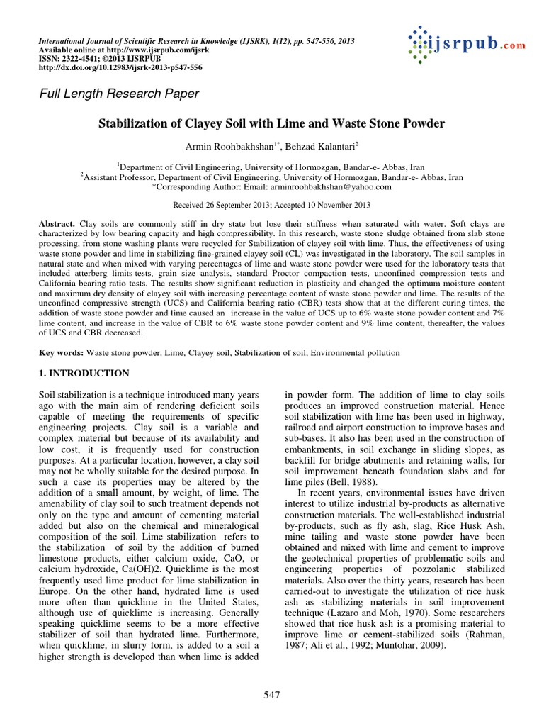 Stabilization of Clayey Soil With Lime and Waste Stone Powder | PDF ...