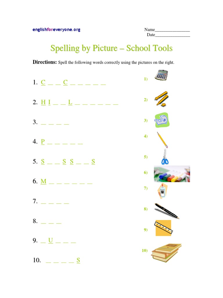 School Tools Spelling Worksheet | PDF