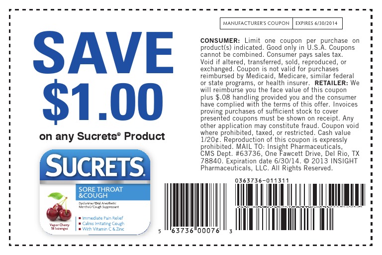 On Any Sucrets Product: CONSUMER: Limit One Coupon Per Purchase On ...