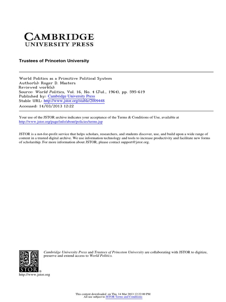 1964, Roger D Masters, World Politics As A Primitive Political System ...